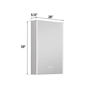 WELLFOR 20" x 30" LED Mirrored Bathroom Cabinet, Mirror Medicine Cabinet with Lights, 8mm Luminous Tempered Glass, Outlets & USB Ports, Single Right Opening Door