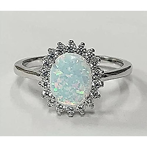 1 1/5 CT Oval Shape Simulated White Opal Halo Floral Womens Wedding Engagement Ring in 14K White Gold Plated 925 Sterling Silver (1.20 Cttw) Ring Size - 6.5