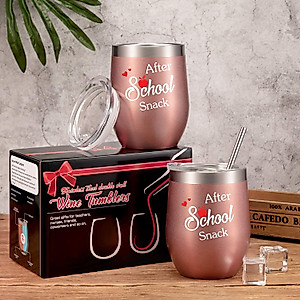 2 Pack After School Snack Funny Teacher Appreciation Gifts - Steel Wine Tumblers with Gift Box, Straw and Brushes for Teacher, Teachers' Day Birthday - 12 oz Teacher Thank You Gift Mug (Rose gold)