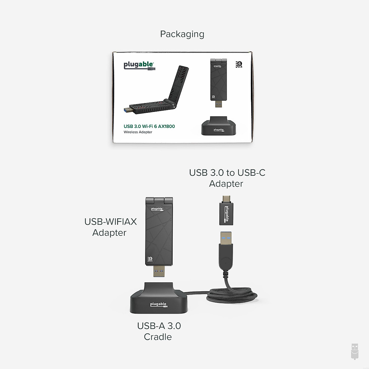 Plugable WiFi 6 USB WiFi Adapter for Desktop PC and Laptops, AX1800 USB 3.0 and USB C Wireless Adapter with 2.4GHz + 5GHz Dual Band Connection for Windows 10/11