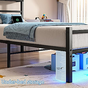 REVOMINCA Twin Bed Frame with Charging Station, Metal Platform Bed Frame with LED Lights, Storage Headboard, Heavy Duty Steel Slats, No Noise, Easy Assembly