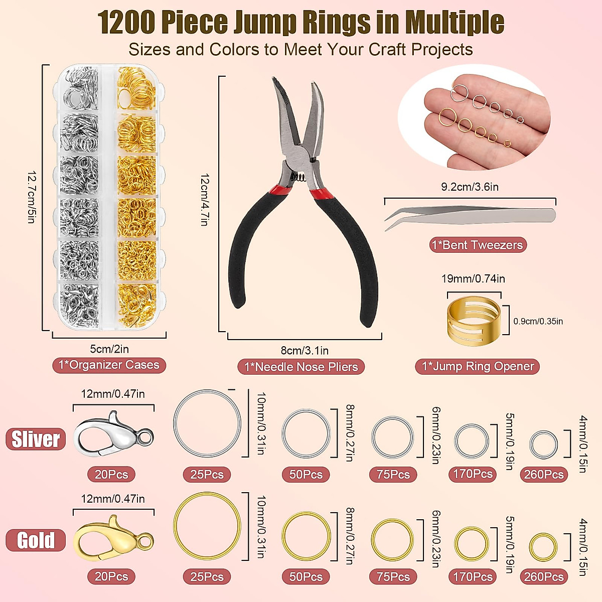 Amrules 1200 Pcs Jump Rings for Jewelry Making Supplies, Necklace Repair Kit with Open/Close Tools, Pliers, Tweezers, Lobster Clasps, Jewelry Jump Rings for Crafts and Key Chains (Silver and Gold)