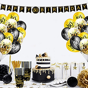 Mocossmy 50th Birthday Party Supplies and Decorations Kits - Black Gold Paper Plates&Cups,Napkins,Straws,Cutlery,Tablecloth,Happy Birthday Banner,Balloons for Women Men Birthday Party Favors,Serves 16