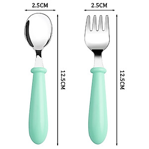 Pimoys 6 Pieces Toddler Utensils Stainless Steel Baby Forks and Spoons Set Kids Silverware Children's Flatware Metal Cutlery Set with Round Handle, 3 x Cute Forks,3 x Children Spoons