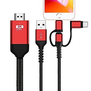 holylife 3 in 1 HDMI Cable Adapter Type C/Micro USB/Phone MHL to Mirroring Phone TV/Projector/Monitor HDTV 1080P Compatible with SeriesxS/Android 5.0 and IO'S9 Above,6.6 Feet (Red1), 3.3