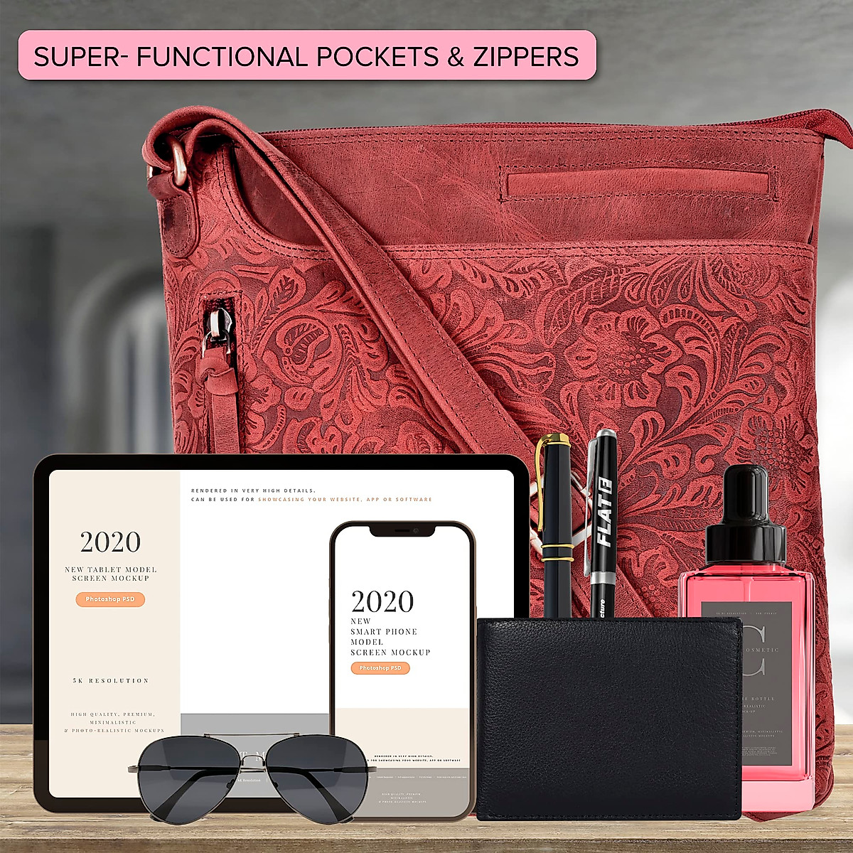 Real Genuine Leather Crossbody Bags for Women - Ladies Sling Bags Adjustable Shoulder Strap Medium Size Purses for Women