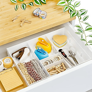 CAXXA 3 Slot Drawer Organizer with Two Adjustable Dividers - Drawer Storage 5 Compartments Junk Drawer Organizer for Office Desk Supplies and Accessories, White