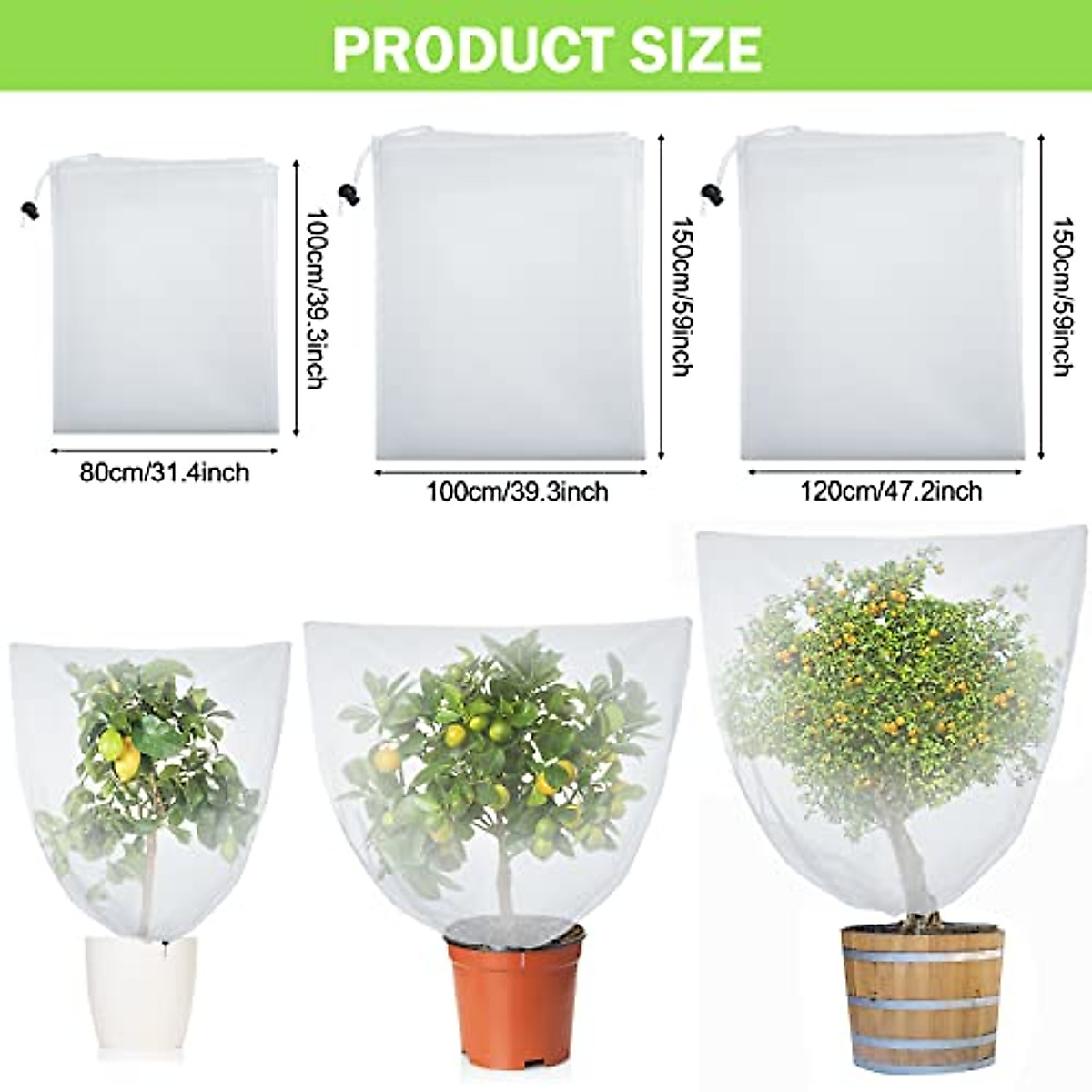 16 Packs Garden Bird Netting Bag with Drawstring, Insect Bug Barrier Mesh Netting Garden Netting Pest Barrier Plant Cover for Protect Plant Fruits (39.37''x31.5''+39.37''x59.06''+59.06''x47.24'')