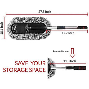 Microfiber Car Duster Exterior Interior Cleaner Cleaning Detailing Kit Size 15.7 Inch with Long Retractable Handle to Trap Dust and Pollen for Washing Car Bike RV Boats or Home Use, Grey