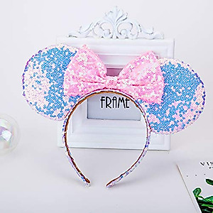 Sparkled Halloween Minnie Ears headband, RAZKO Girls Sequin Halloween Mickey Ears Headband Mouse Ears Headband for Cosplay Costume Glitter Party Hot Princess Decoration and Birthday Party(Purple&Gold)