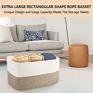 MEGASKET Extra Large Cotton Rope Basket, 23.6" x 15.7" x 14.1" Rectangle Blanket Basket Living Room, Wicker Woven Throw Blanket Pillow Storage Basket, Soft Kids Dog Toy Basket Storage Bins Organizer