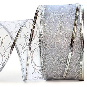 Wire Edged Ribbon Silver Sheer Organza Gift Wrap Ribbon Clearance Metallic Wired Trim & Glitter Decorative White 50 Yards x 2.5 inch Wide 1 Roll Large