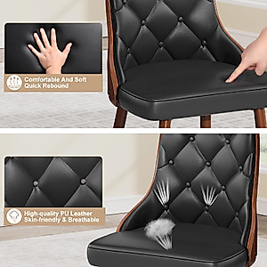 Aowos Dining Chairs Set of 2, Mid Century Modern PU Leather Upholstered Kitchen Chairs with Walnut Back and Iron Legs, Comfortable Seating for Kitchen, Dining Room, Bar Counter, Living Room (Black)