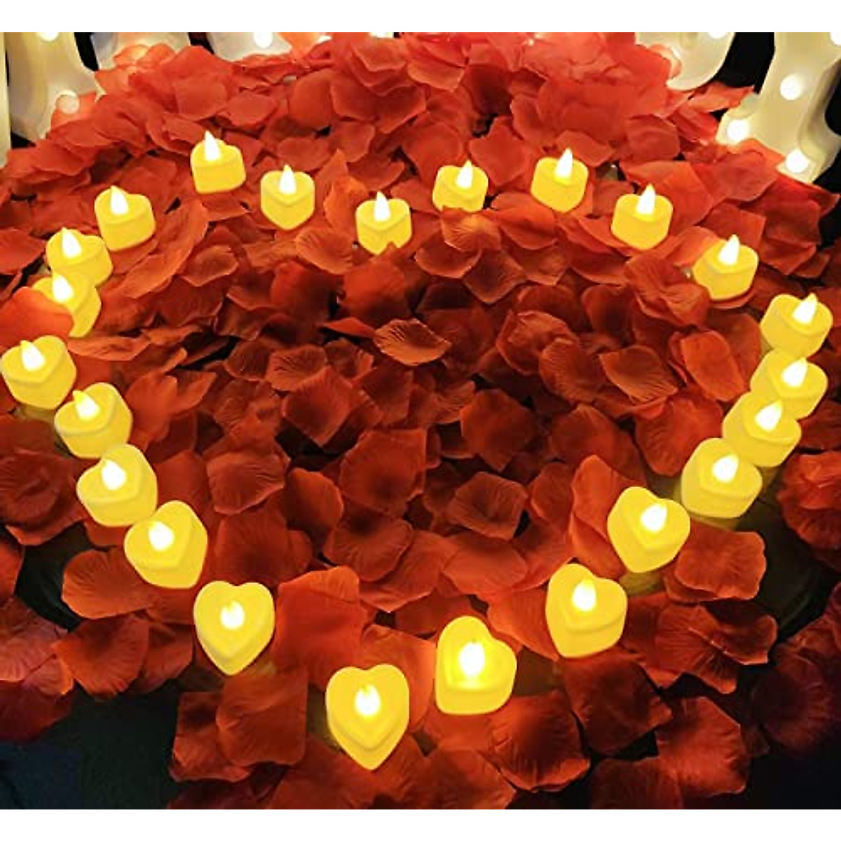 Marry Me Sign Proposal Decorations with 2000pcs Rose Petal and Candles LED Flameless Tealight Fake Candles and Red Rose Petals for Romantic Night Marry Me Lights Weddings