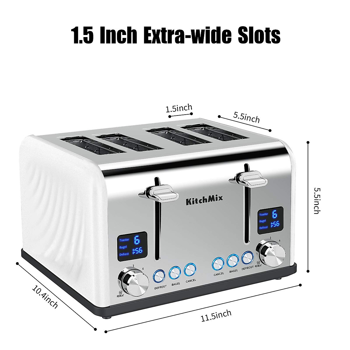 Toaster 4 Slice, KitchMix Bagel Stainless Toaster with LCD Timer, Extra Wide Slots, Dual Screen, Removal Crumb Tray (White)