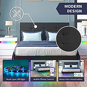 ZAFLY Platform LED Bed Frame Queen Size,Upholstered Queen Bed Frame with Adjustable Headboard,Queen Size Bed with RGB LED Strip Light,Wooden Slats Support,No Box Spring Needed,Easy Assembly,Black