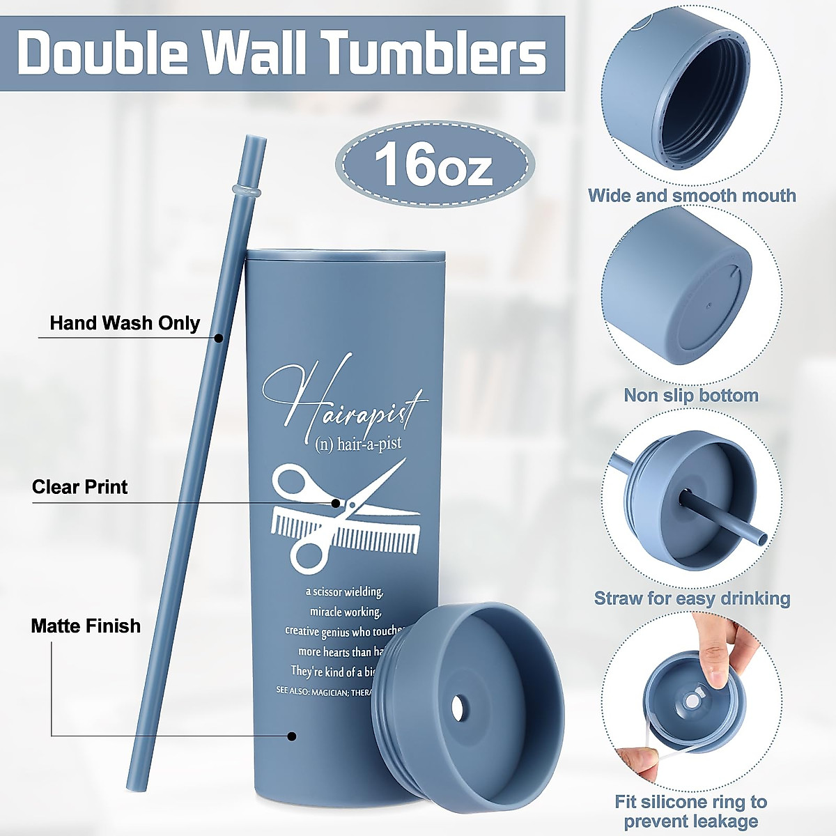 Rtteri 6 Pcs Hairdresser Tumbler Hair Stylist Gifts for Women Men Hairstylist Ideas 16 oz Hair Stylist Tumbler with Straw and Lid Frosted Plastic Coffee Cup for Salon Hairstylist Appreciation Day