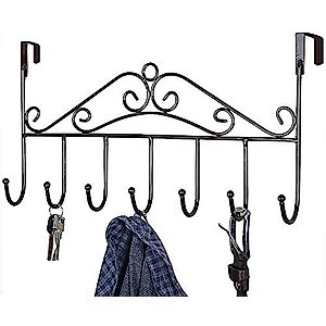 Over Door Hanger with 7 Hooks,Metal Over The Door Towel Hook,Decorative Overdoor Organizers,Hanging Storage Rack for Hat,Coats,Purses,Scarves,Clothes,Jackets,Belt,Bedroom,Bathroom,Closet (Black)