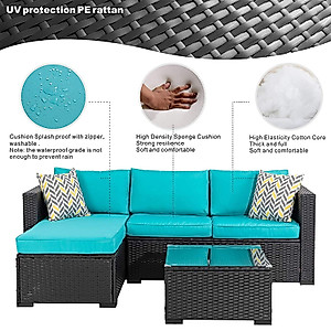 Walsunny Patio Furniture Set 3 Piece Outdoor Sectional Patio Sofa, All Weather Wicker Rattan Outdoor Furniture with Glass Table and Cushions(Black/Blue)