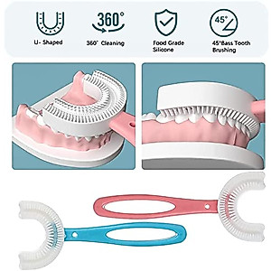 Fulangpa 2 Packs U-Shaped Kids Toothbrush, Soft Manual Training Toothbrush for Kids 2-12 Years ， Tooth Brush Food Grade Soft Silicone Brush Head 360° Oral Teeth Cleaning Design for (Pink +Blue)