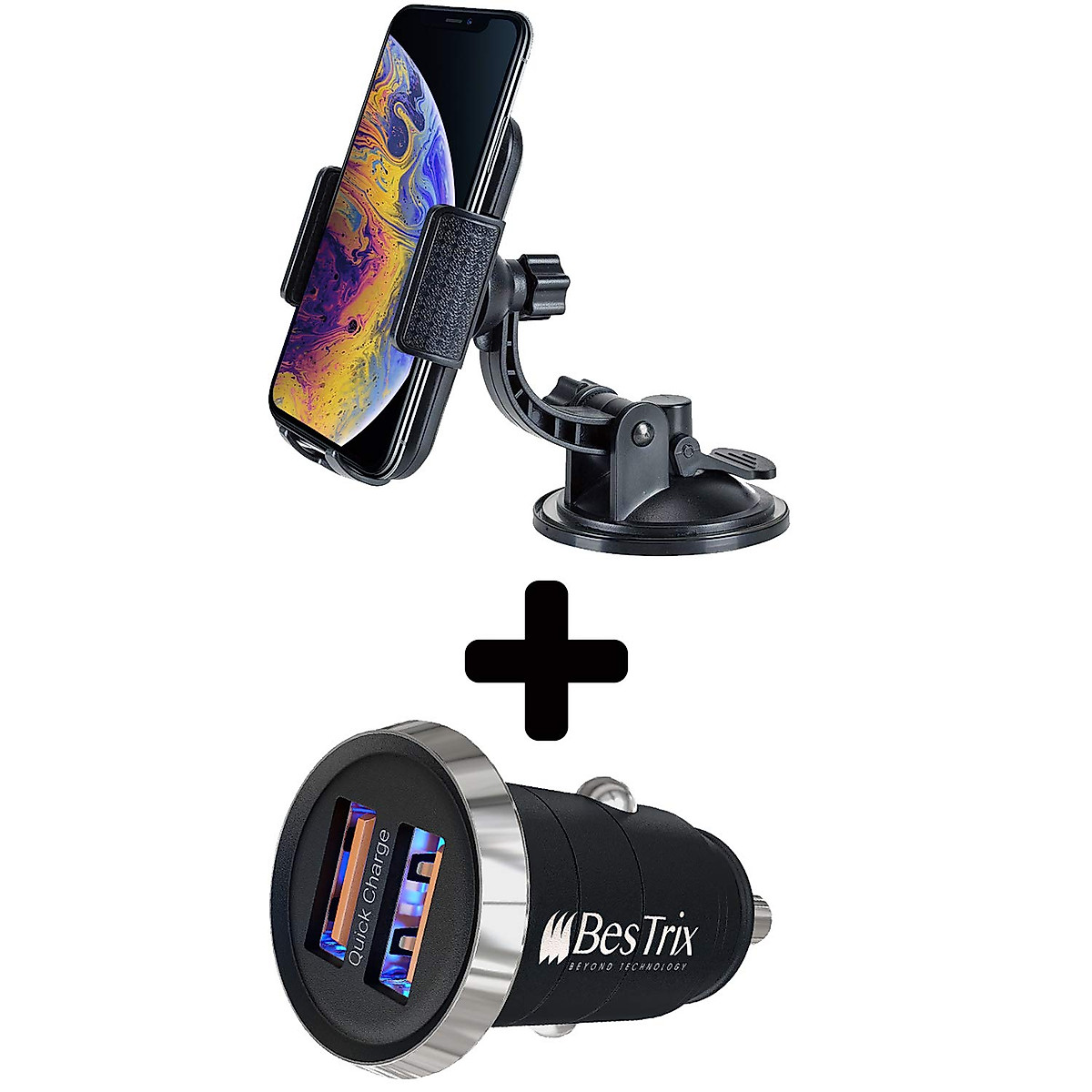Bestrix Phone Car Holder for Dash & Windshield Quick Charge 4.0 Super-Fast Car Charger
