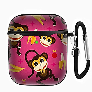 Slim Form Fitted Printing Pattern Cover Case with Carabiner Compatible with Airpods 1 and AirPods 2 / Adorable Kids Monkey and Banana Illustration