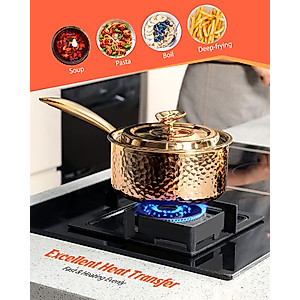 DAEDALUS 2 Quart Uncoated Nonstick Saucepan with Lid, Stainless Steel Pot Triply Hammered Copper for Cooking, Induction Saucepan Cookware for Home Kitchen Restaurant, Dishwasher Oven Safe - Gold