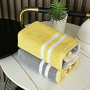 YiLUOMO Hand Towels Set of 2 100% Cotton Striped Checkered Pattern Super Soft Highly Absorbent Decorative Hand Towel for Bathroom, Kitchen 13 x 29 Inch (Yellow & Grey)