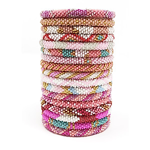 Wigspedia Handmade Crochet Glass Seed Bead Nepal Boho Yoga Bracelet - Wholesale Pink Scheme (12 Pieces Pink Nepal Bracelets)