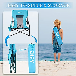 DIFY Folding Beach Chair 2 Pack, Lightweight with Storage Bag and Cup Holder, Comfortable and Portable, for Carry or Backpack, Low Beach Chair for Outdoor Activities, Camping, Beach, Events. (Blue)