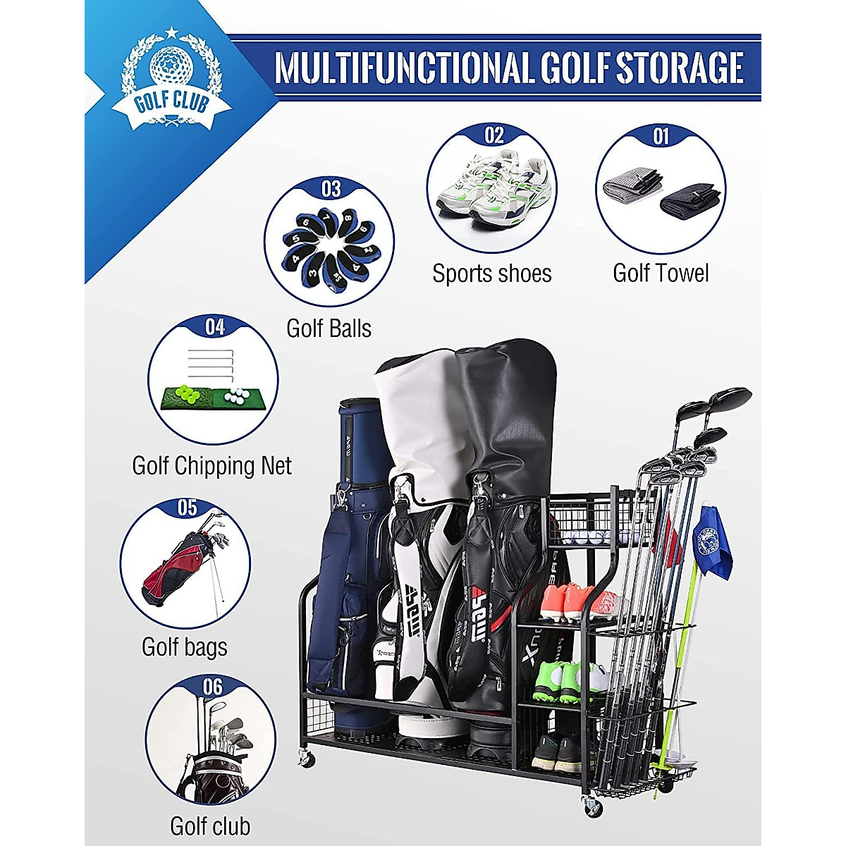 Mythinglogic 3 Golf Bags Storage Organizer-Extra Large Size Fits 3 Full Size Golf Bags,Golf Organizer for Golf Equipment and Accessories, Golf Club Storage Rack with Lockable Wheels