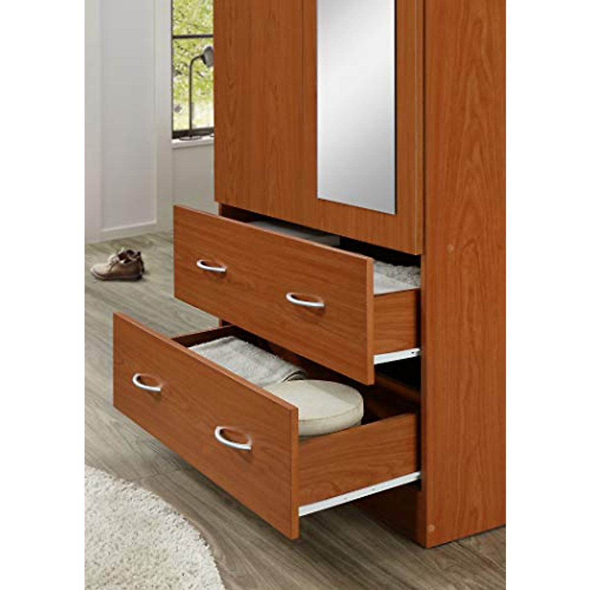 Hodedah Two Door Wardrobe with Two Drawers and Hanging Rod plus Mirror, Cherry