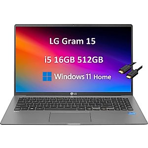 LG Gram 15 15Z95N Ultra Lightweight 15.6" FHD (Intel i5-1135G7(Beat i7-1065G7), 16GB RAM, 512GB SSD,UHD Graphics) Military Grade Business Laptop, 21hr Battery, Backlit KB, Webcam, Windows 11 Home