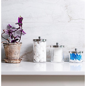 Huang Acrylic Chrome Lid Clear Cosmetic Container | Store Q-Tips, Cottonballs, Cotton Rounds | Perfect Counter Top or Shelf Storage | Large