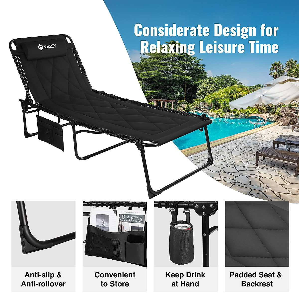 VILLEY Oversized Padded Chaise Lounge with Cushion, Foldable Camping Cot, Patio Reclining Lounge Chairs, Folding Sleeping Bed for Outdoor, Indoor, Backyard, Garden, Camping, Relaxing, Beach Tanning