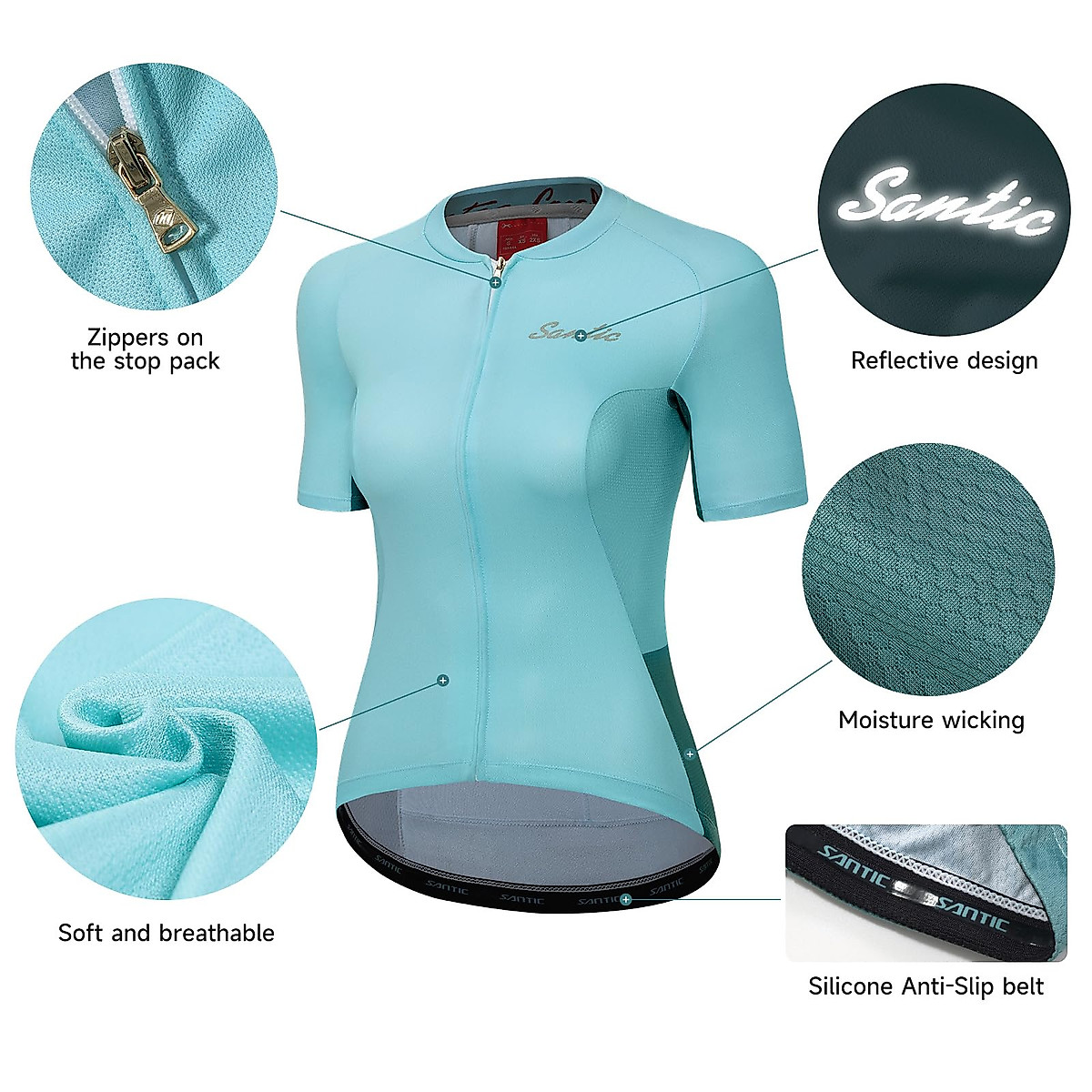 Santic Women's Cycling Jersey Short Sleeve Biking Shirt Full Zip Tops with 3 Pockets Breathable Quick Dry Blue