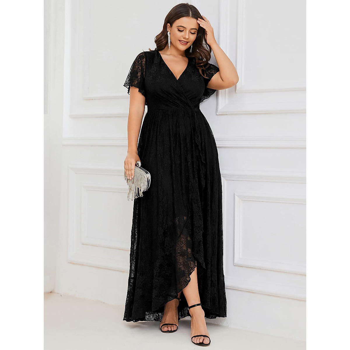 Ever-Pretty Plus Women's V Neck Ruffles Sleeves Pleated Lace Summer Plus Size Semi Formal Dress for Curvy Women Black US20