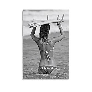Hot Girl Posters Italian Surfer Girl Beach Black and White Surfing Photograph Vintage Poster Canvas Wall Art Prints for Wall Decor Room Decor Bedroom Decor Gifts Posters 16x24inch(40x60cm) Unframe-s