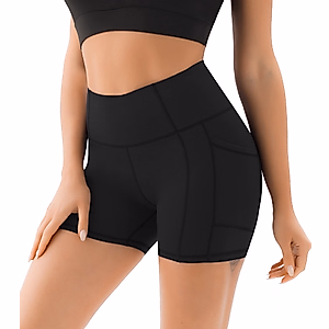 PERSIT Yoga Shorts for Women with Pockets High Wasited Running Athletic Biker Workout Shorts Tight Gym Shorts Yoga Pants - Black - M