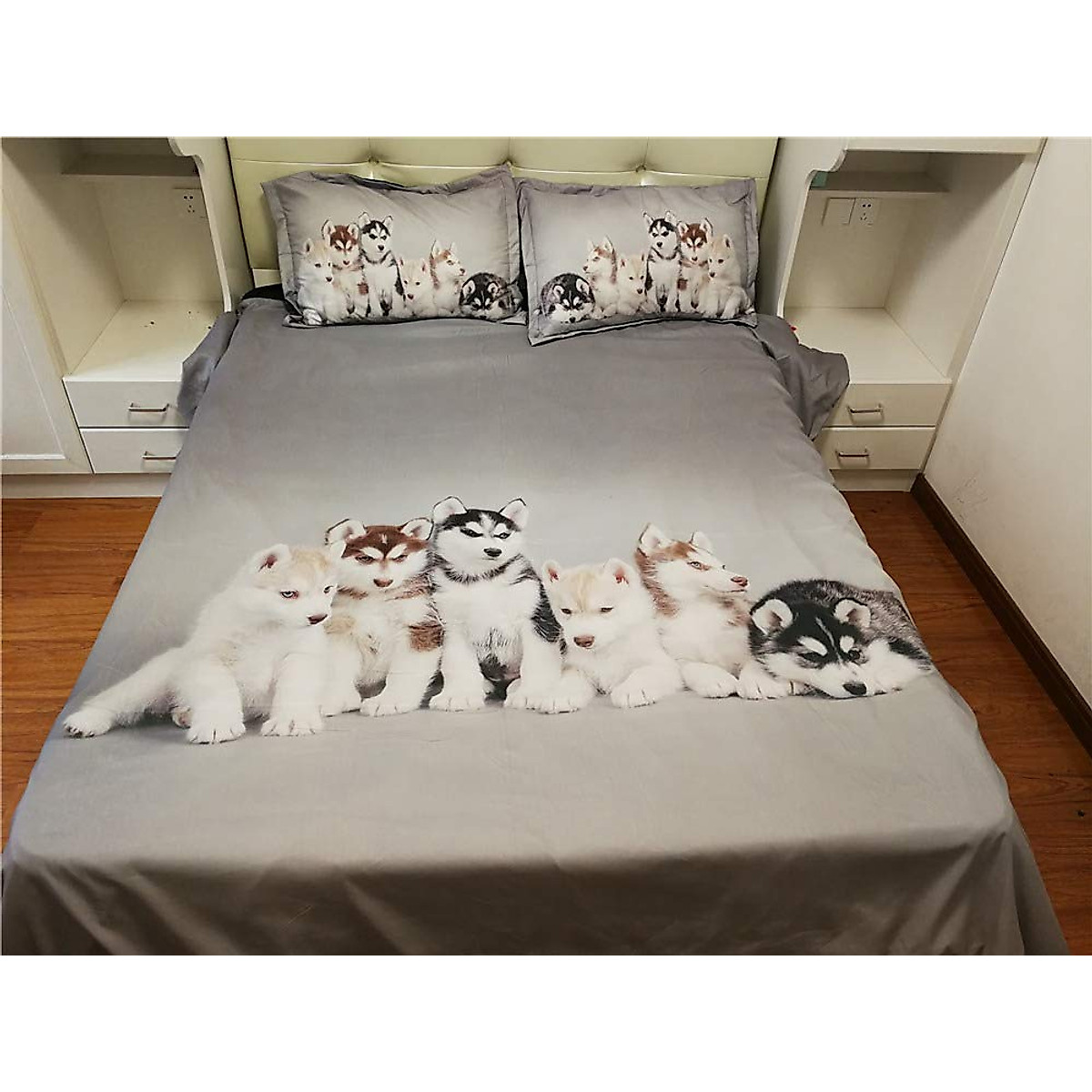 JF-107 3pcs Husky Babies 3D Digital Animal Print Bed Sheet Set Dogs Duvet Cover Set Grey Bedding Sets Twin Full Queen King Size, not Comforter (Twin)