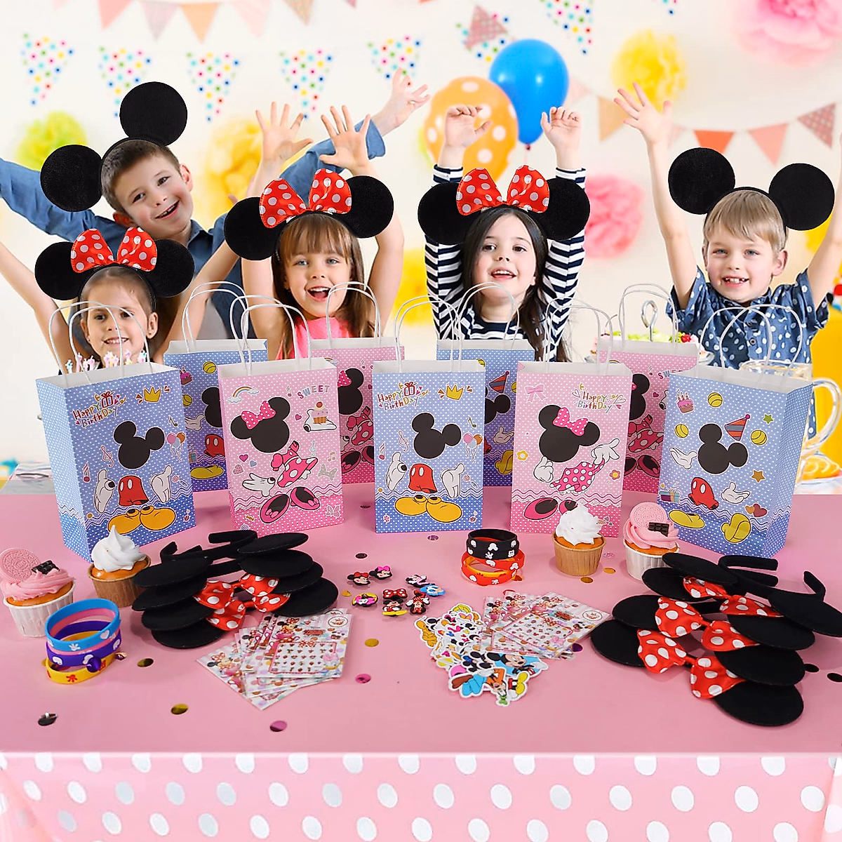 120 Pack Mouse Party Favor Set Cartoon Mouse Theme Party Supplies Includes Party Bags Keychain Silicone Bracelet Nail Stickers Headbands Shoe Decor Perfect for Kids Birthday and Classroom Game Rewards