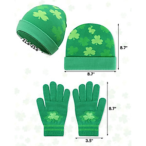 2PCS St Patrick's Day Beanie and Gloves Set Spring Green Shamrock Hat St Patricks Day Accessories Irish Knitted Hat Clover Glove for Women and Men Saints Beanie Gift