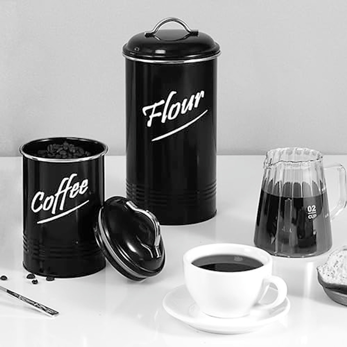 Hillbond Food Storage Canisters Containers for 4, Vintage Kitchen Canisters, Carbon Steel with Powder Coated Coffee Tea Sugar Flour Farmhouse Kitchen Canisters Set of 4(Black)