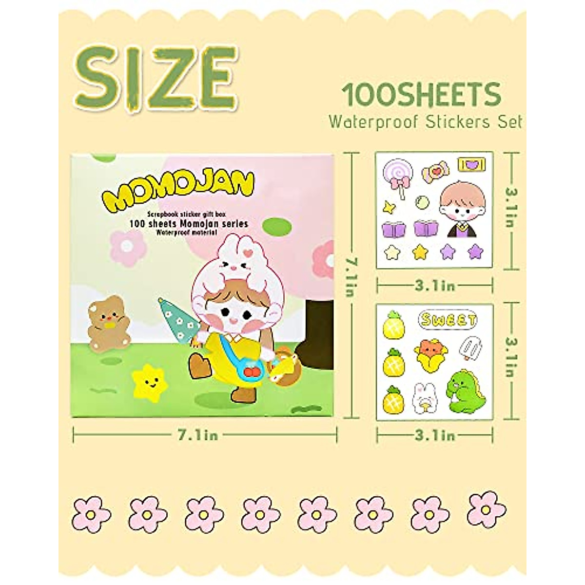 Benresive 1000 Pcs Cute Stickers for Kids, Water Bottle Stickers Kawaii Waterproof Vinyl Scrapbook Phone Laptop Stickers, 100 Sheets Journaling Aesthetic Sticker Packs for Girls Teens（Green）