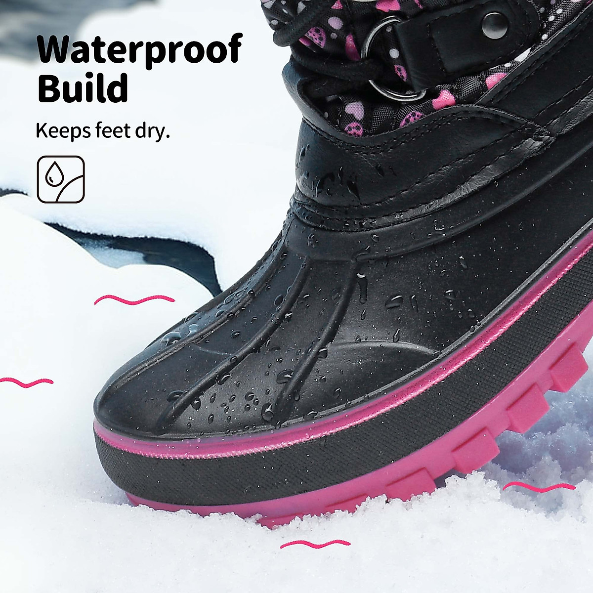 DREAM PAIRS Boys Girls Snow Boots Water-Resistant Outdoor Warm Cozy Anti-Slip Mid Calf Faux Fur Lining Insulated Winter Shoes for Little/Big Kids,Size 2 Little Kid,Black/Pink,KRIVER-1