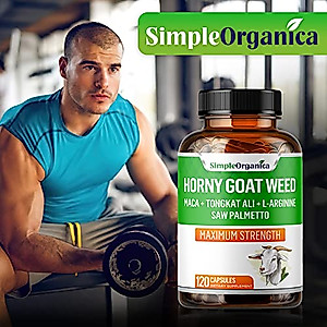 Simple Organica Horny Goat Weed for Men and Women - 120 Capsules, with Maca Root, Tongkat Ali, Saw Palmetto, L-Arginine. Energy, Stamina, Strength, Endurance, Joint Health - Non-GMO Formula
