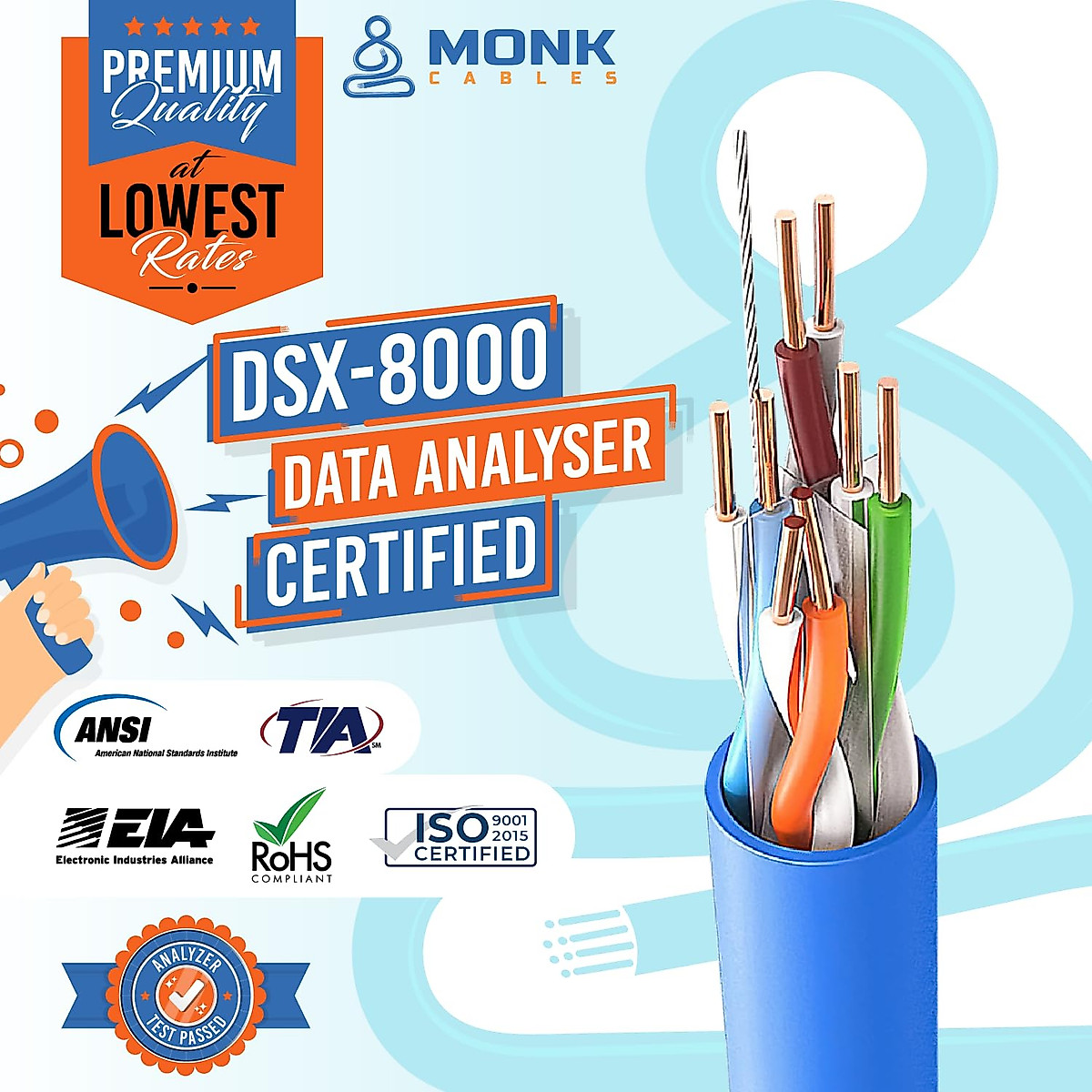 MONK CABLES | CAT6 Plenum Cable 1000ft | UTP, 23AWG, 550MHz | DSX-8000 Certified | Most Certified Cable of The Whole Market (Blue)