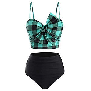 Padaleks Bikini Swimsuit for Women Padded Swimwear Two Piece Bathing Suits Set Plaid Bow Push Up Tankini Swimwear