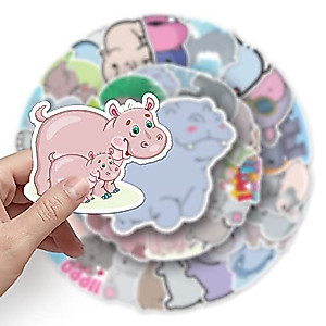 50 PCS Cute Hippo Stickers, Cartoon Animals Vinyl Decals Stickers for Water Bottle, Laptop, Bumpers, Skateboard, Helmet, Funny Hippo Stickers for Kids Teens Adults