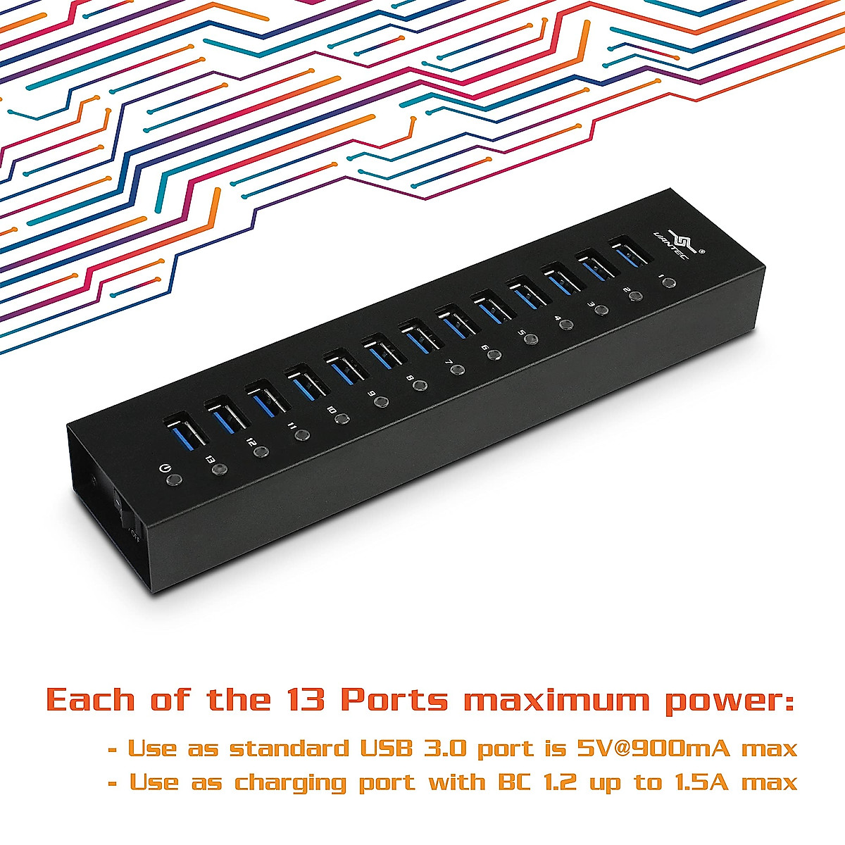 13-Port USB 3.0 Aluminum Hub (All Data/Charging BC 1.2), 12V/5A Premium Power Adapter (UGT-AH131U3-BK)